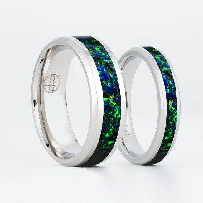 Matching Black Emerald Opal Glowstone Wedding Ring Set | Patrick Adair Designs