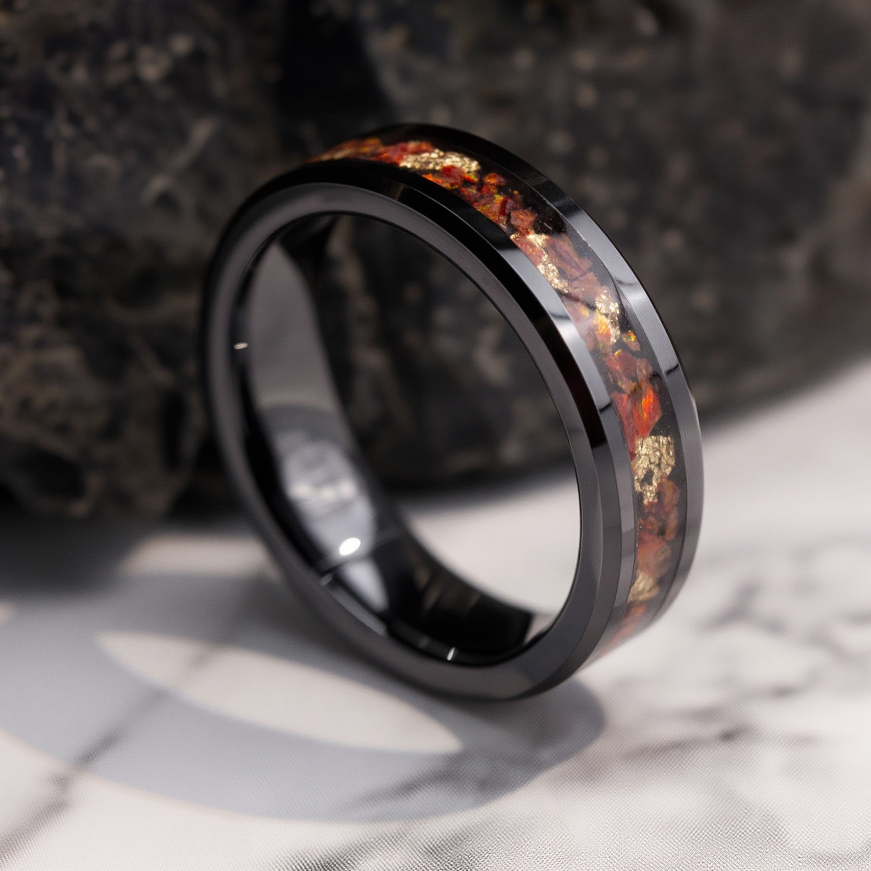 Molten Ember Opal Glowstone Ring on Black Ceramic | Patrick Adair Designs